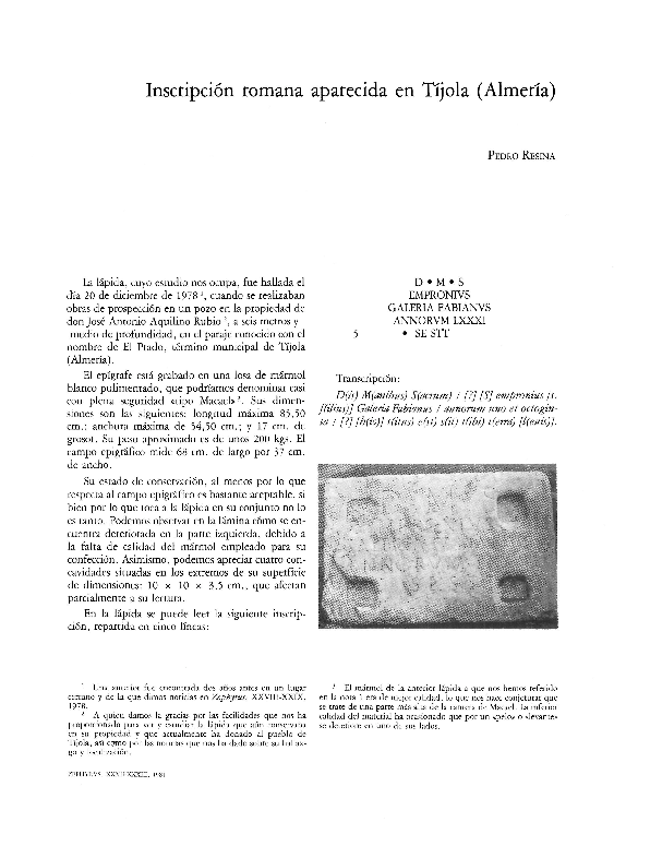 (PDF) Inscripción romana aparecida en Tíjola (Almería)