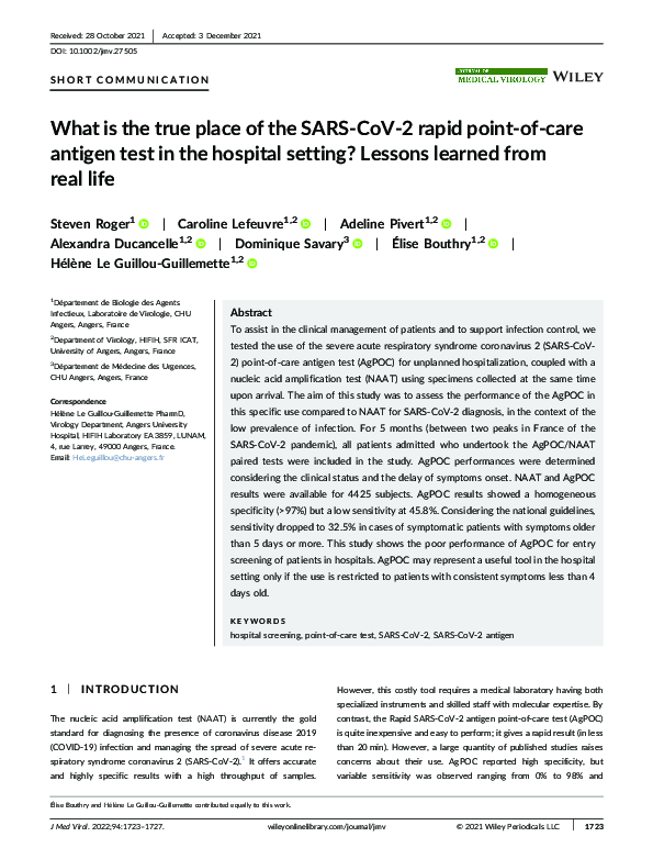 (PDF) What is the true place of the SARS‐CoV‐2 rapid point‐of‐care ...