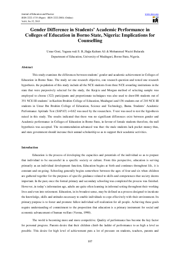 (PDF) Gender Difference in Students’ Academic Performance in Colleges ...