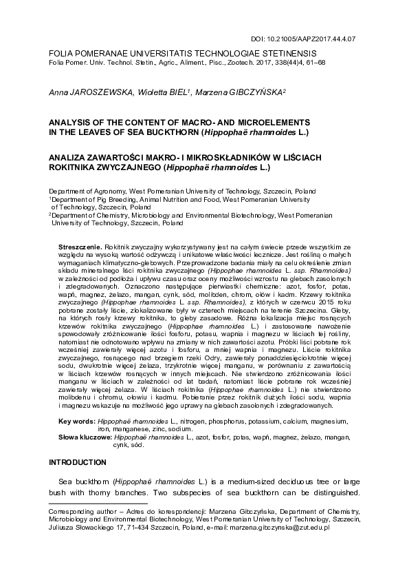 (PDF) ANALYSIS OF THE CONTENT OF MACRO- AND MICROELEMENTS IN THE LEAVES OF SEA BUCKTHORN ...