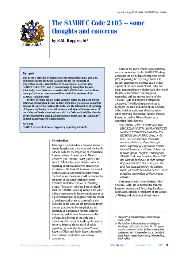 (PDF) The SAMREC Code 2105 - Some thoughts and concerns