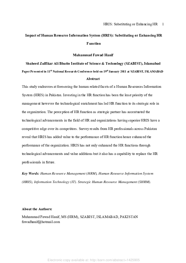 Pdf Impact Of Human Resource Information System Hris Substituting Or Enhancing Hr Function