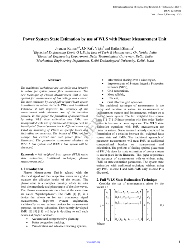 Pdf Power System State Estimation By Use Of Wls With Phasor