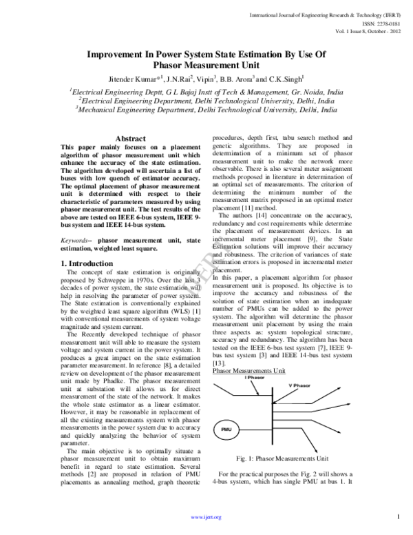 Pdf Improvement In Power System State Estimation By Use Of Phasor Measurement Unit