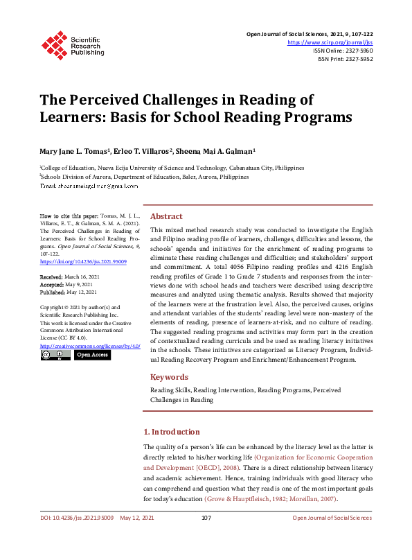(PDF) The Perceived Challenges in Reading of Learners: Basis for School ...