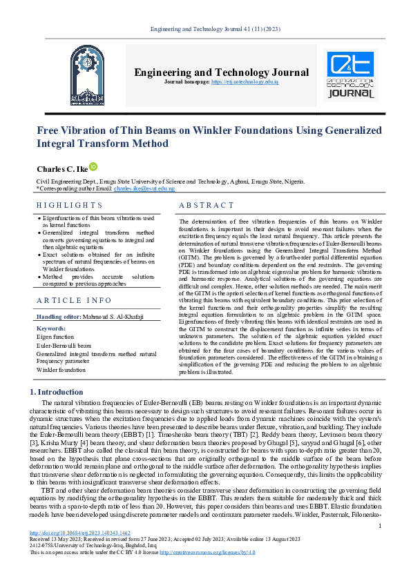 (PDF) Free Vibration of Thin Beams on Winkler Foundations Using ...