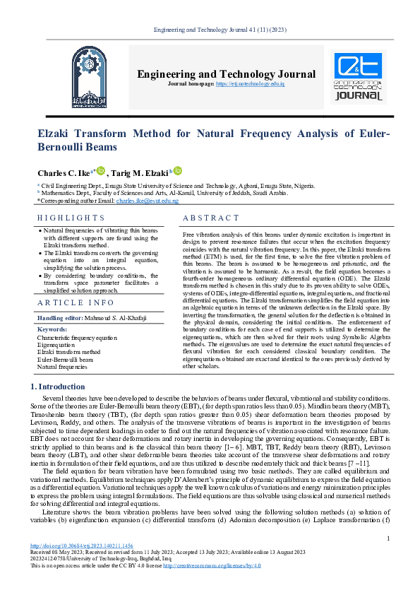 Pdf Elzaki Transform Method For Natural Frequency Analysis Of Euler