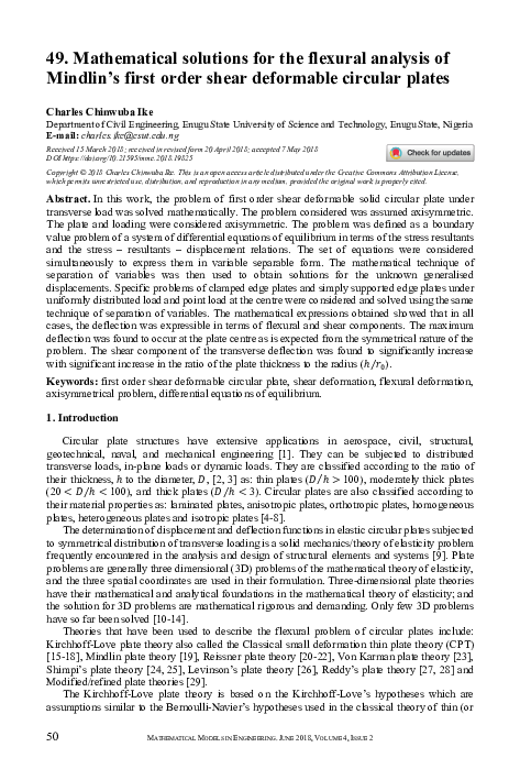 Pdf Mathematical Solutions For The Flexural Analysis Of Mindlins First Order Shear Deformable