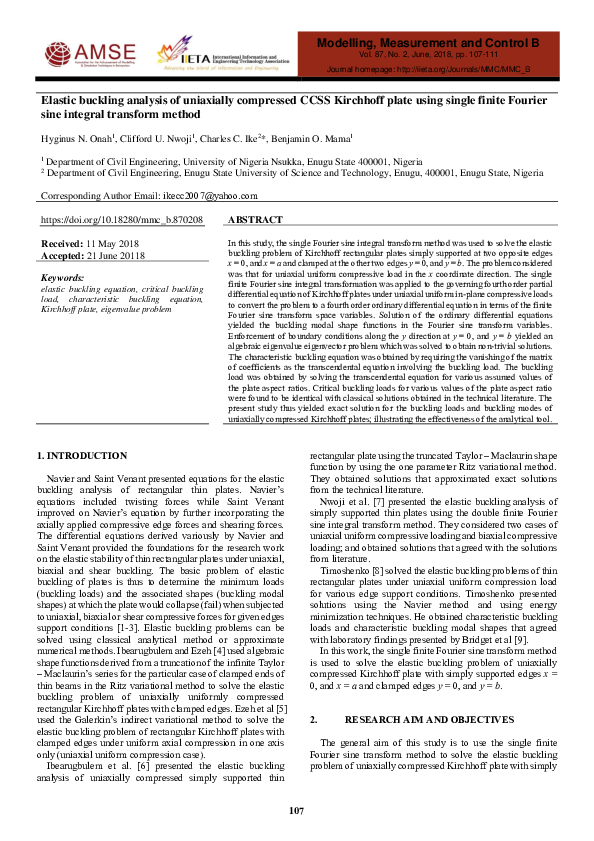 Pdf Elastic Buckling Analysis Of Uniaxially Compressed Ccss Kirchhoff