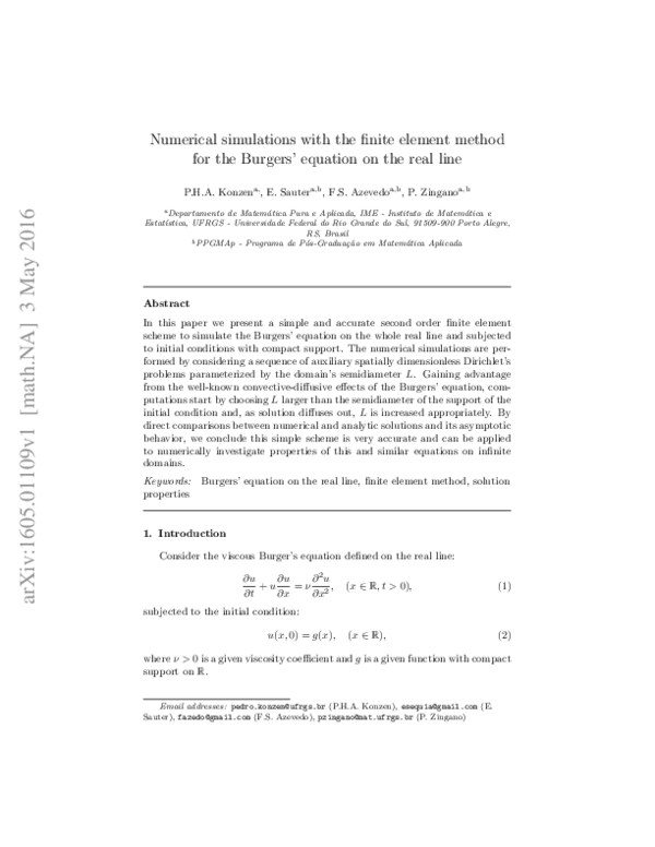 Pdf Numerical Simulations With The Finite Element Method For The Burgers Equation On The Real