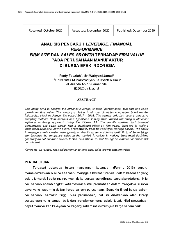 (PDF) Analisis Pengaruh Leverage, Financial Performance Firm Size Dan ...