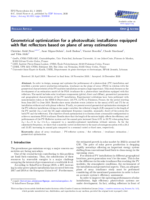 (PDF) Geometrical optimization for a photovoltaic installation equipped ...