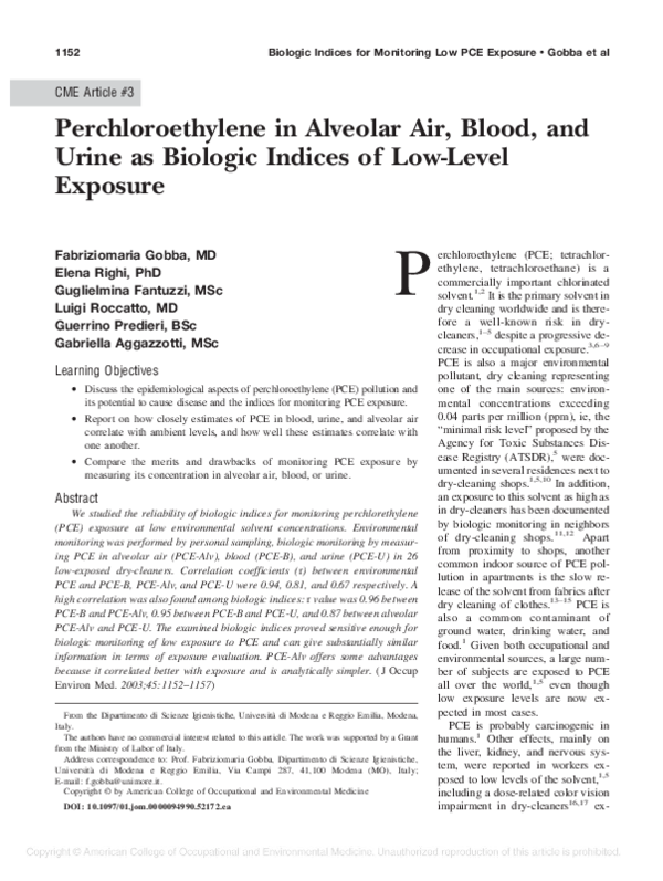 (PDF) Biologic Indices for Low-Level PCE Exposure