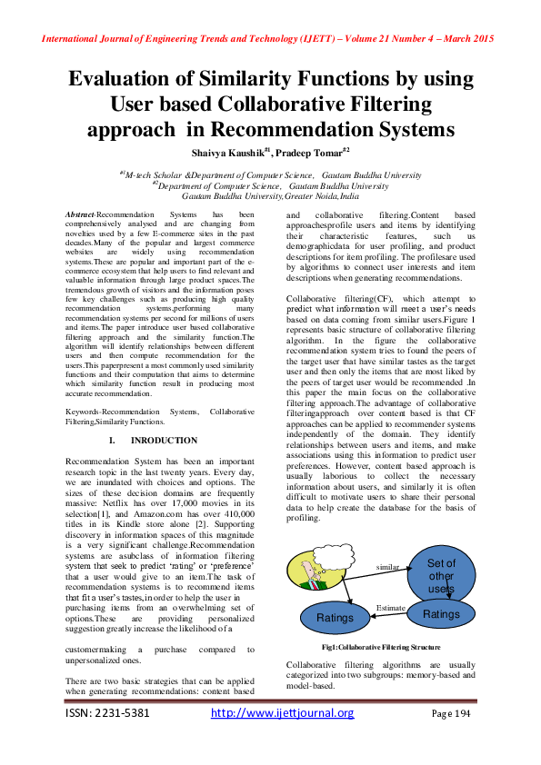 Pdf User Based Collaborative Filtering In Recommendations