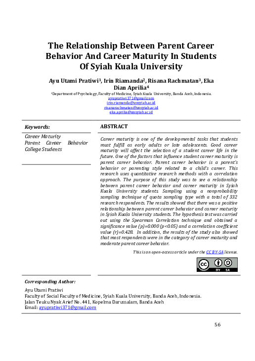 (PDF) Relationship Between Parent Career Behavior with Career Maturity among Syiah Kuala ...
