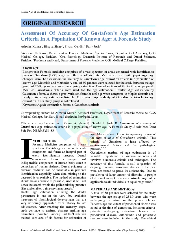 (PDF) Assessment Of Accuracy Of Gustafson's Age Estimation Criteria In ...