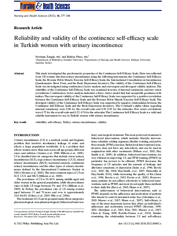 (PDF) Reliability and validity of the continence self-efficacy scale in ...
