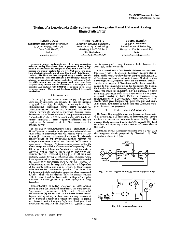 (PDF) Design of a log-domain differentiator and integrator based universal analog biquadratic filter