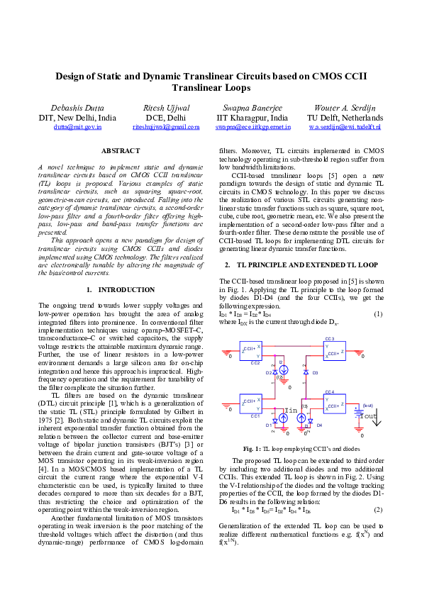 Pdf Design Of Static And Dynamic Translinear Circuits Based On Cmos 1876