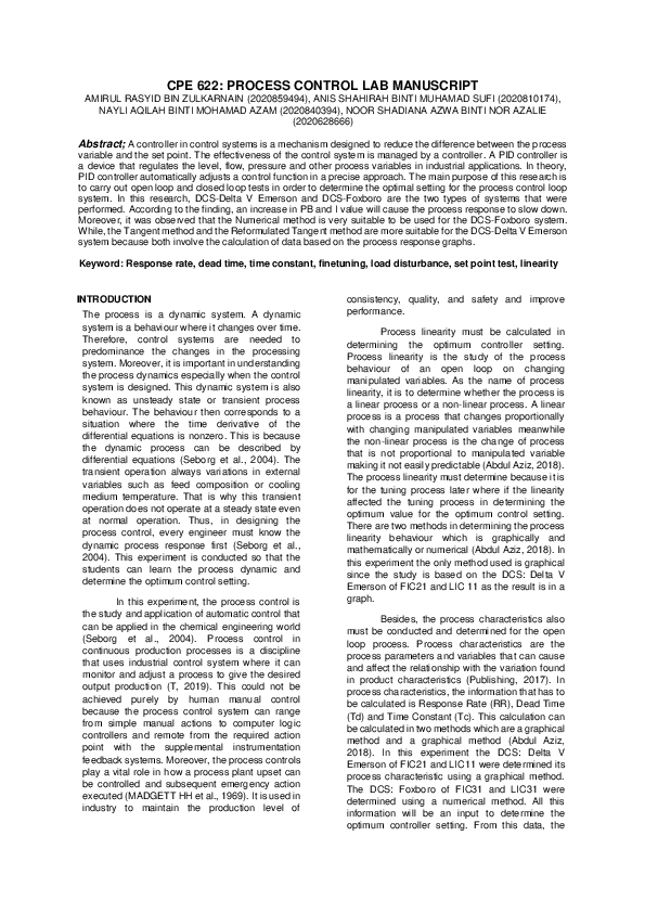 (PDF) CPE622 Process Control Practice - PID Tuning Lab Manuscript