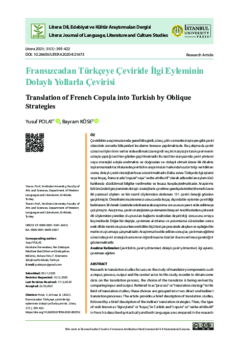 (PDF) Translation of French Copula into Turkish by Oblique Strategies
