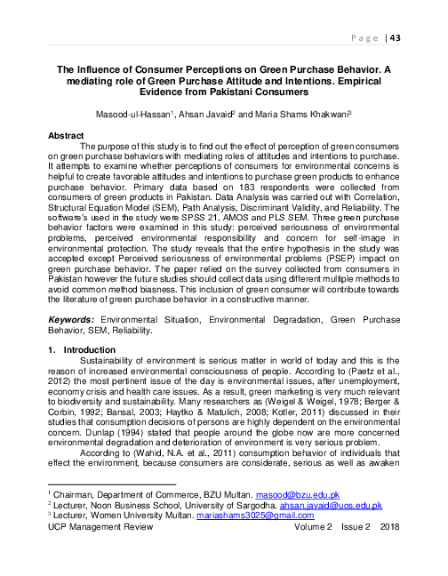 (PDF) The Influence of Consumer Perceptions on Green Purchase Behavior. A mediating role of ...