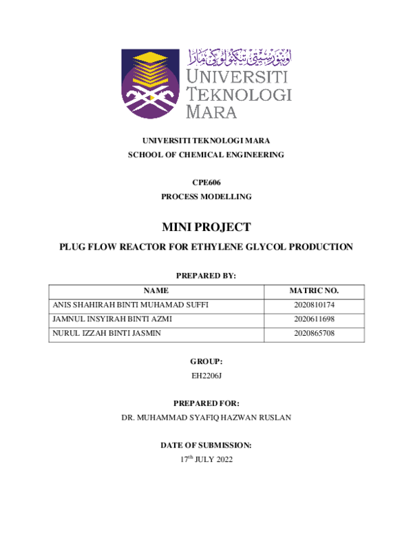 (PDF) CPE606 Process Modelling - Plug Flow Reactor For Ethylene Glycol ...