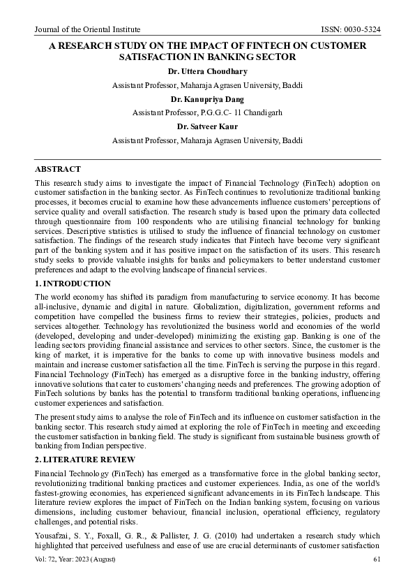 (PDF) A RESEARCH STUDY ON THE IMPACT OF FINTECH ON CUSTOMER SATISFACTION IN BANKING SECTOR