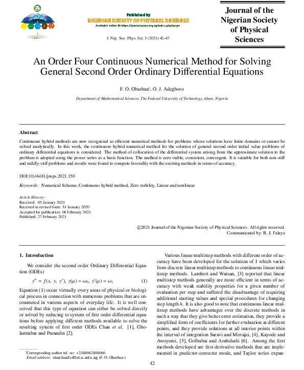(PDF) An Order Four Continuous Numerical Method for Solving General Second Order Ordinary ...
