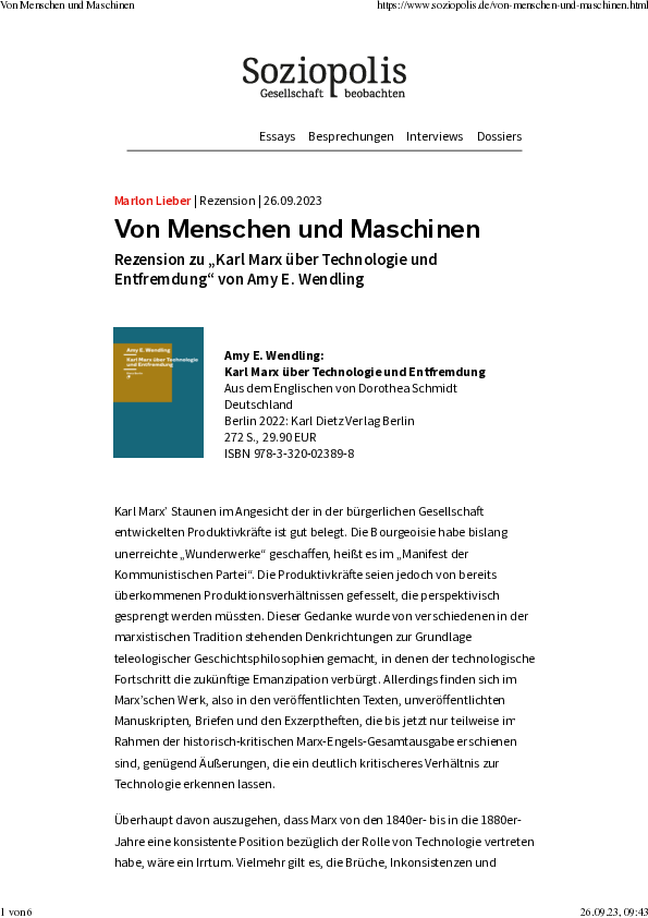 (PDF) "Von Menschen und Maschinen," Review of Amy E. Wendling, Karl ...