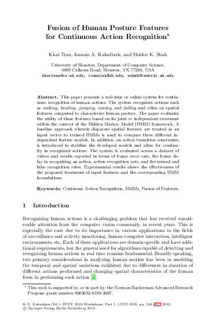 (PDF) Fusion of Human Posture Features for Continuous Action Recognition