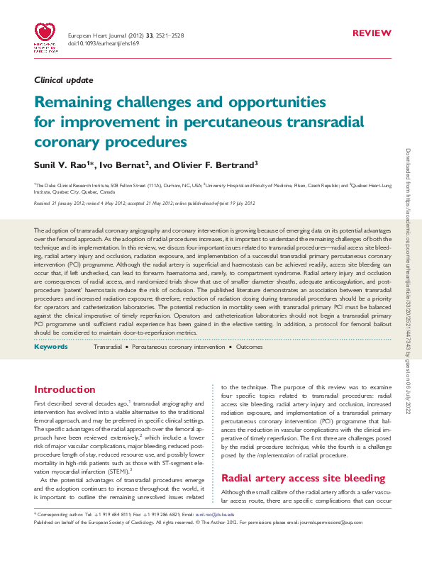 (PDF) Remaining challenges and opportunities for improvement in percutaneous transradial ...