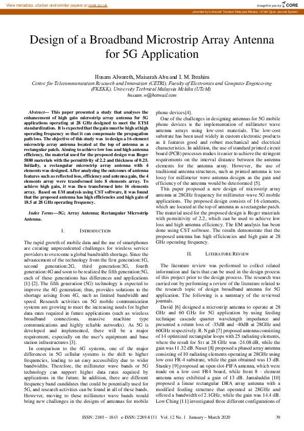 (PDF) Design of a Broadband Microstrip Array Antenna for 5G Application