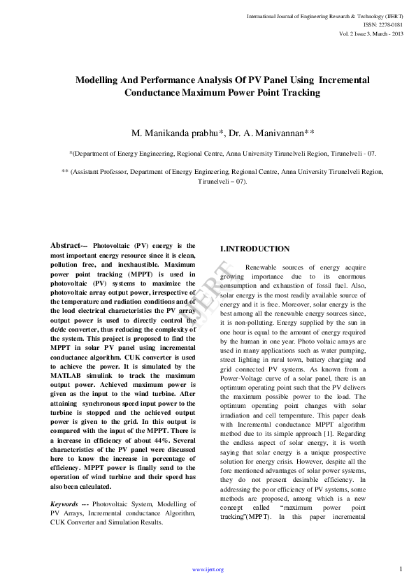(PDF) Modelling And Performance Analysis Of PV Panel Using Incremental Conductance Maximum Power ...