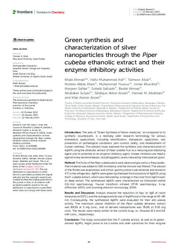 (PDF) Green synthesis and characterization of silver nanoparticles through the Piper cubeba ...