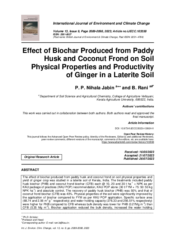 (PDF) Effect of Biochar Produced from Paddy Husk and Coconut Frond on ...