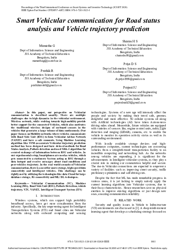 (PDF) Smart Vehicular communication for Road status analysis and ...
