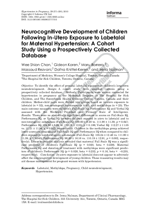 (PDF) Neurocognitive Development of Children Following In-Utero Exposure to Labetalol for ...