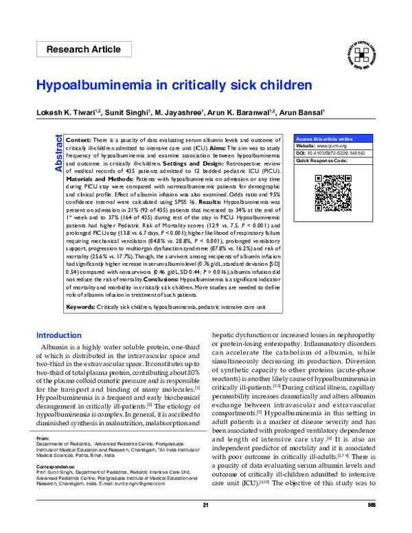 (PDF) Hypoalbuminemia in critically sick children