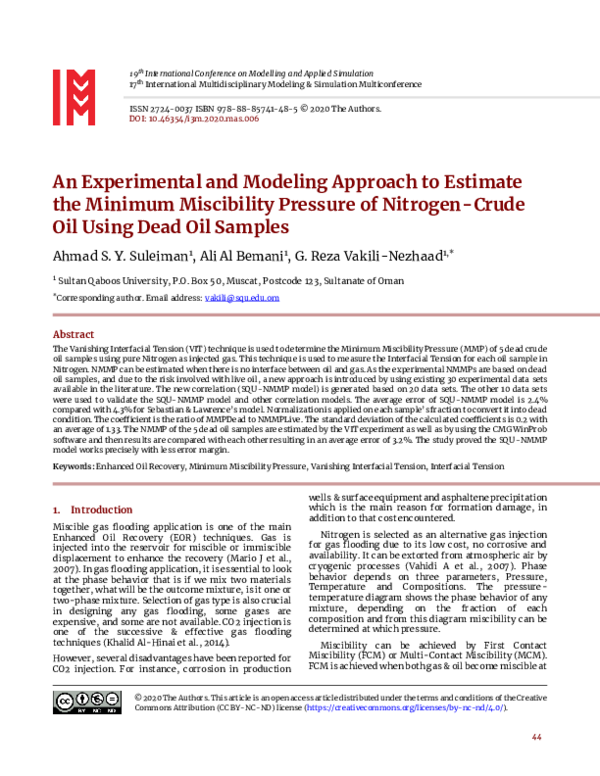 (PDF) An experimental and modeling approach to estimate the minimum miscibility pressure of ...