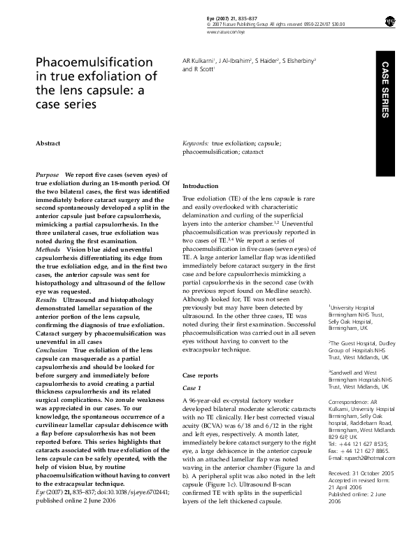 (PDF) Phacoemulsification in true exfoliation of the lens capsule: a case series | Samer ...