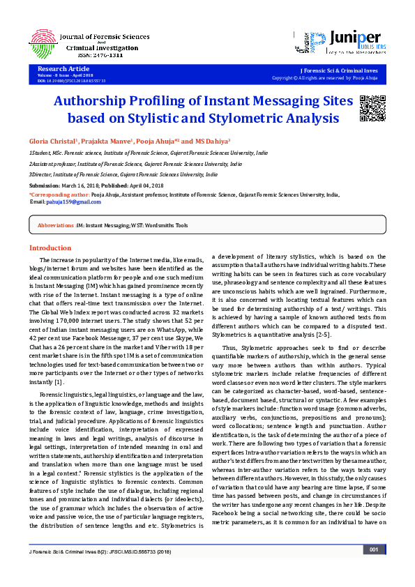 (PDF) Authorship Profiling of Instant Messaging Sites based on ...