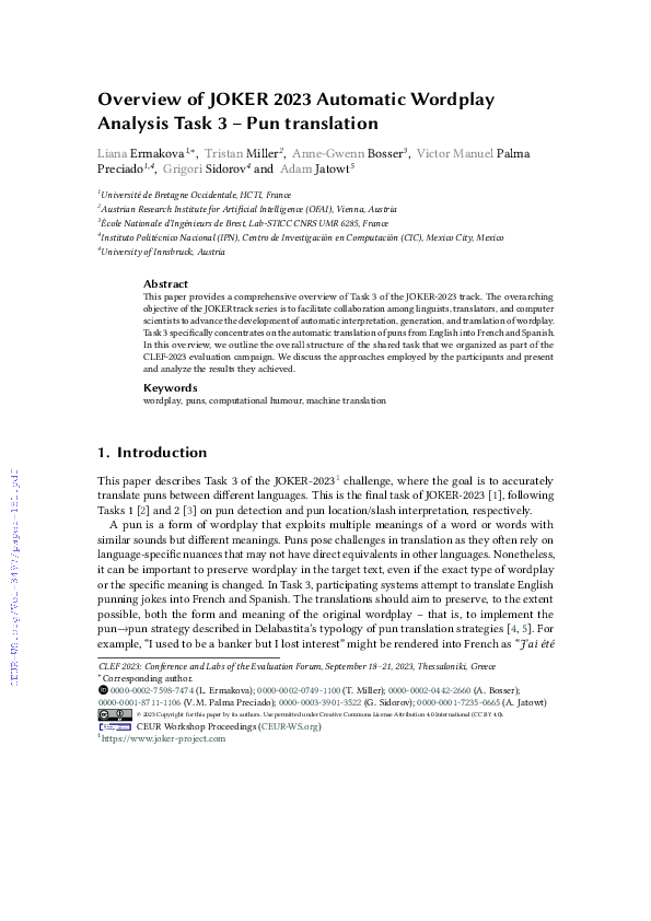 (PDF) Overview of JOKER 2023 Automatic Wordplay Analysis Task 3 – pun translation