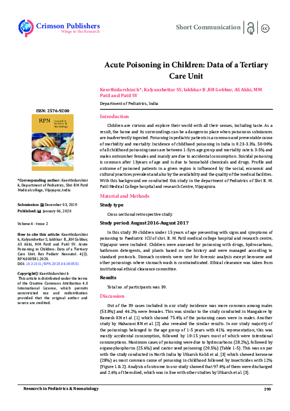 (PDF) Acute Poisoning in Children: Data of a Tertiary Care Unit