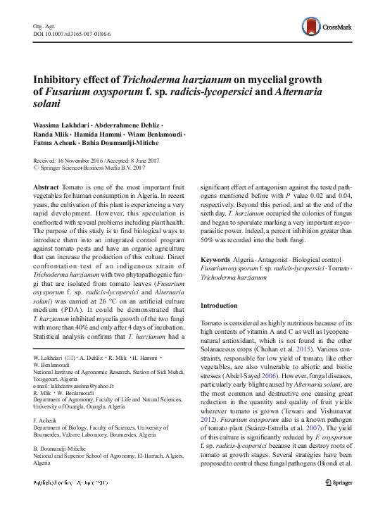 (PDF) Inhibitory effect of Trichoderma harzianum on mycelial growth of Fusarium oxysporum f. sp ...