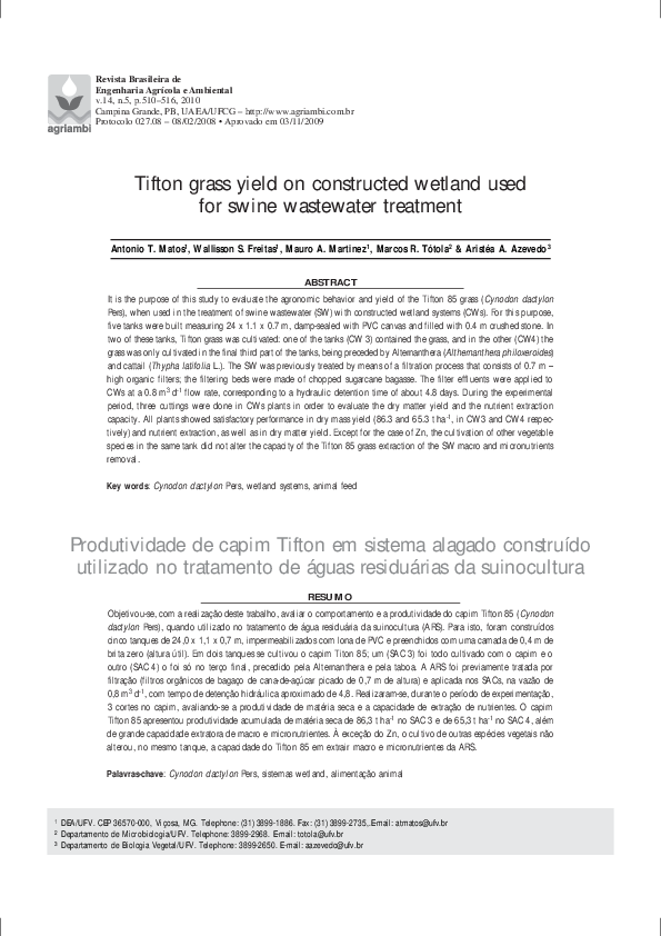 (PDF) Tifton grass yield on constructed wetland used for swine ...
