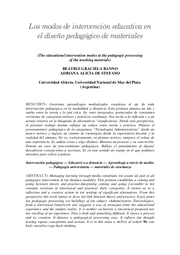 (PDF) Los modos de intervención educativa en el diseño pedagógico de ...