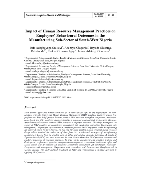 (PDF) Impact of Human Resource Management Practices on Employees' Behavioural Outcomes in the ...