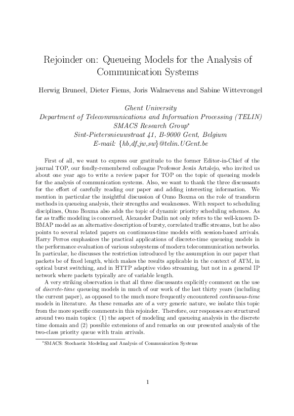 (PDF) Rejoinder on: Queueing models for the analysis of communication systems