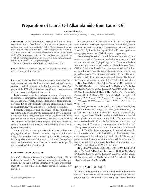 (PDF) Preparation of laurel oil alkanolamide from laurel oil